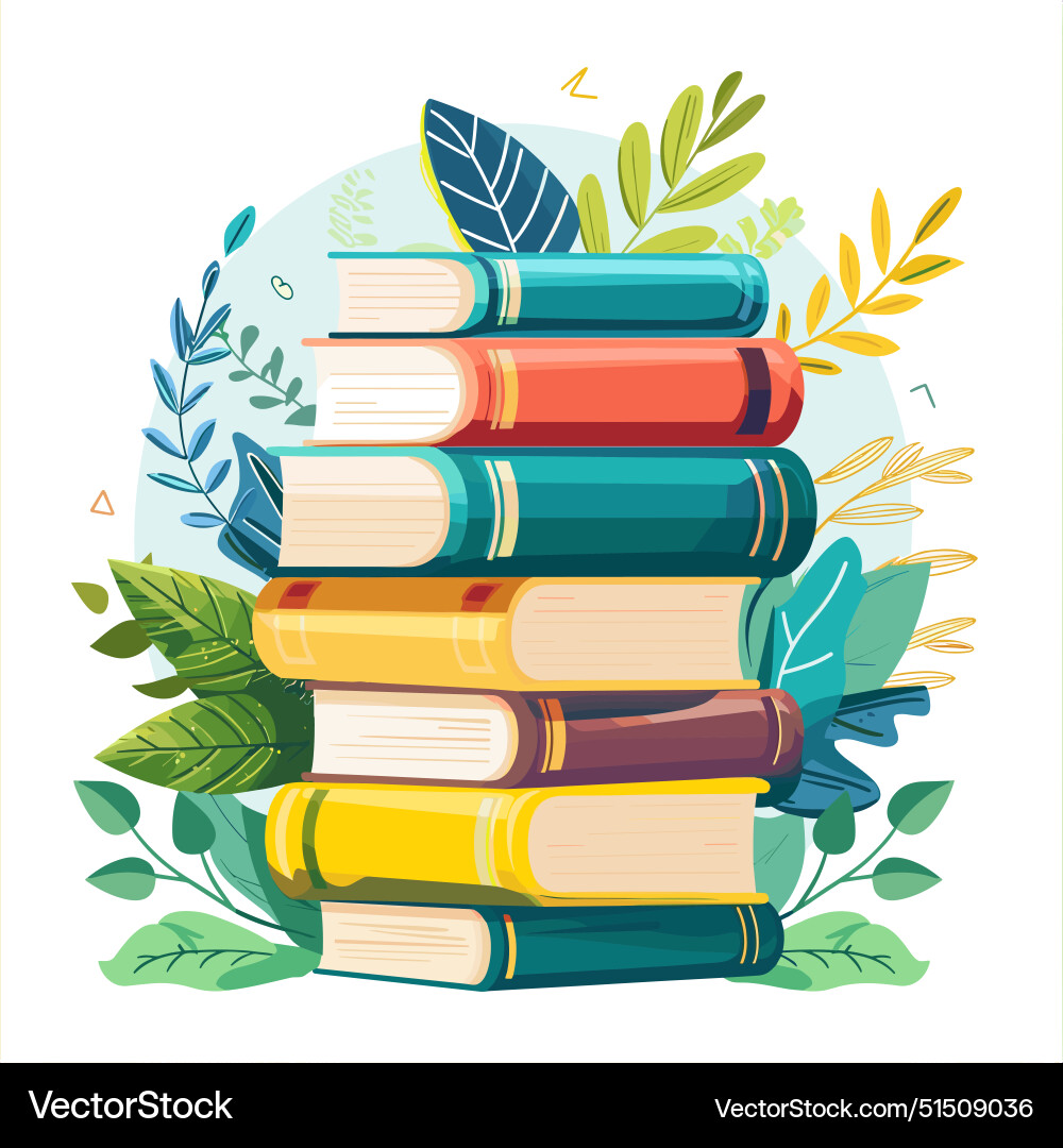 Stack colorful books surrounded green leaves small