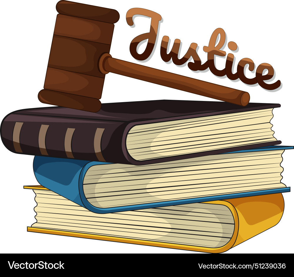 Stack of books with a gavel on top labeled justice