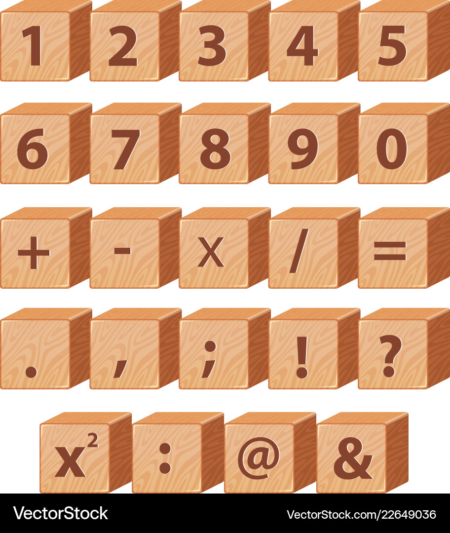Wooden block math number and symbol Royalty Free Vector