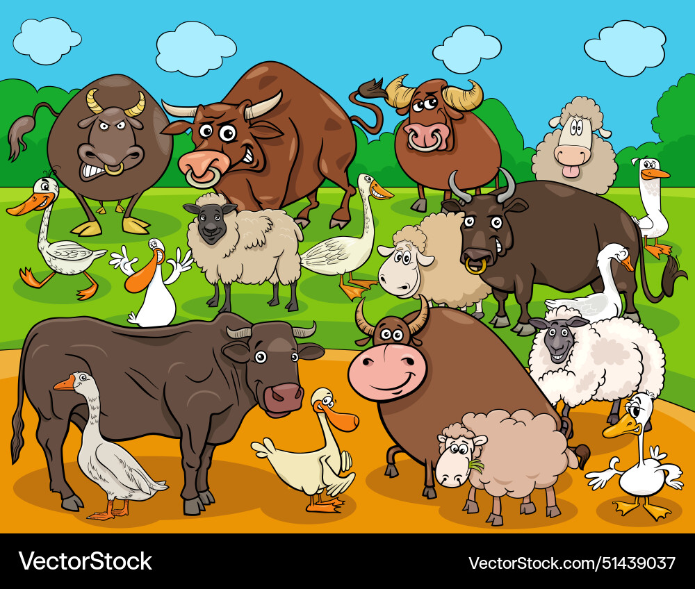 Funny cartoon farm animals characters group Vector Image