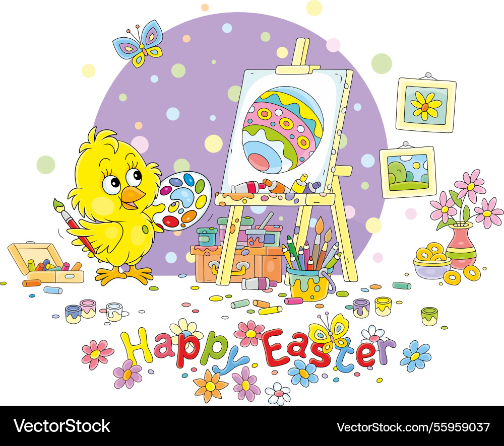 Little chick drawing a decorated easter egg Vector Image