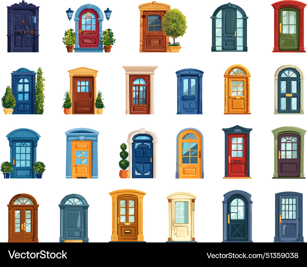 Cartoon front doors set various types in simple Vector Image