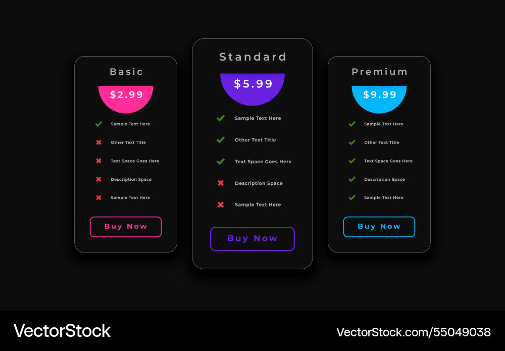 Dark theme pricing chart table template Royalty Free Vector