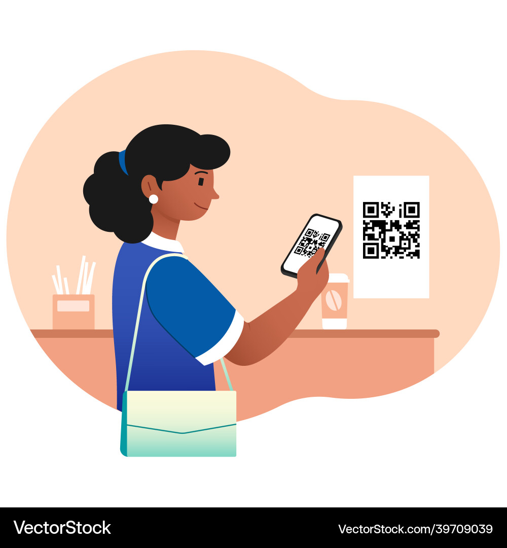 Girl scans qr code in store Royalty Free Vector Image