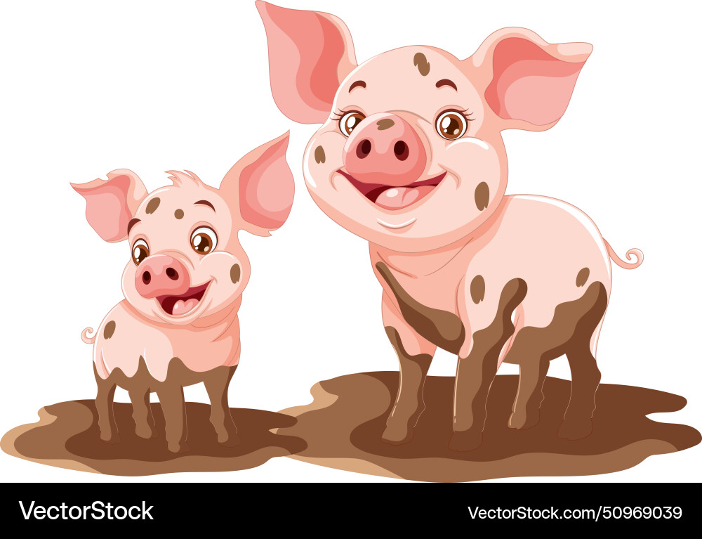 Two cartoon pigs smiling in a muddy puddle Vector Image