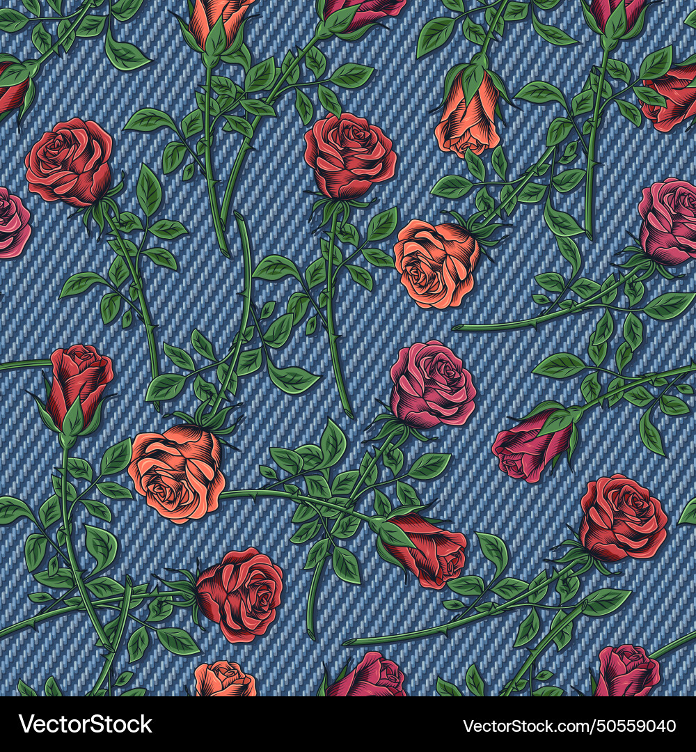 Denim floral seamless pattern with roses Vector Image