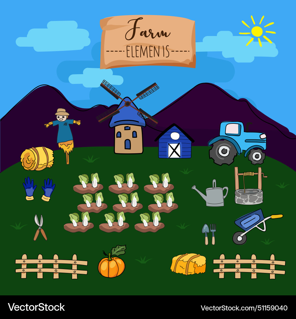 Hand drawn doodle set of farm elements Royalty Free Vector