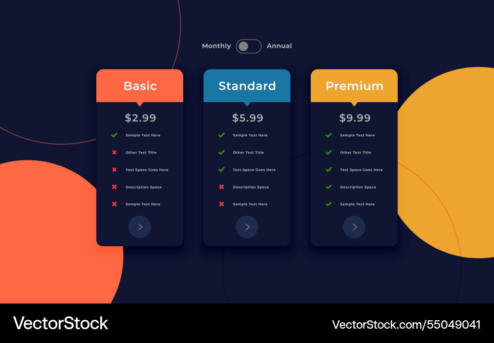 3 column pricing chart table layout for web menu Vector Image