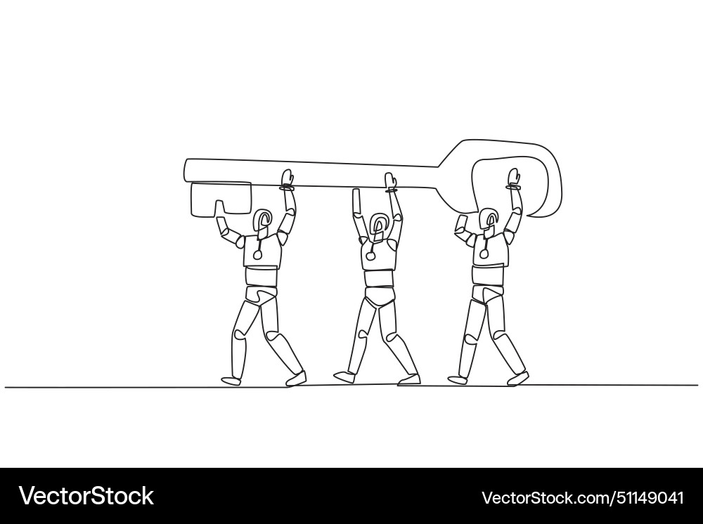 Continuous one line drawing group of robots work Vector Image