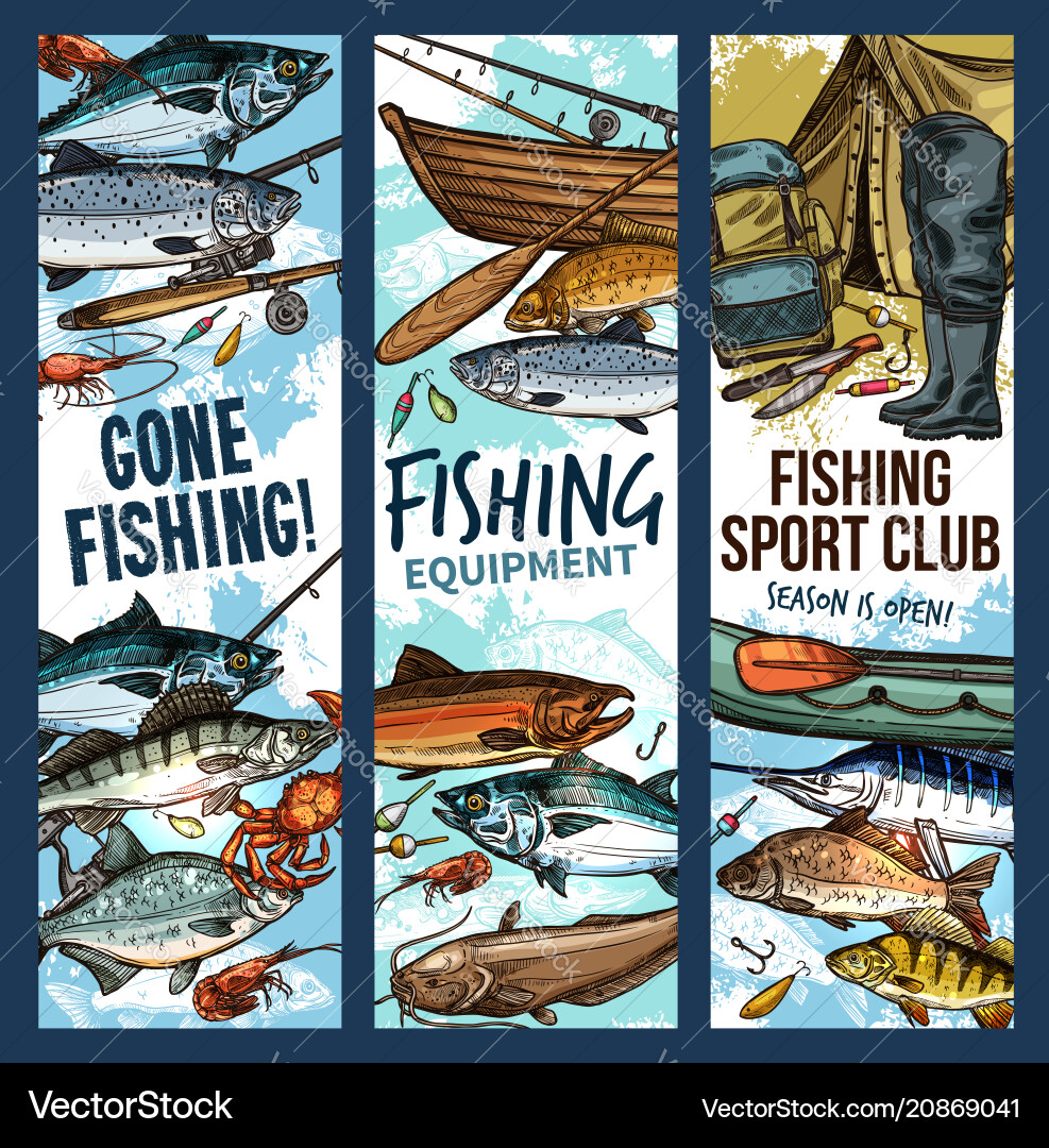 Fishing banner with equipment and fish Royalty Free Vector