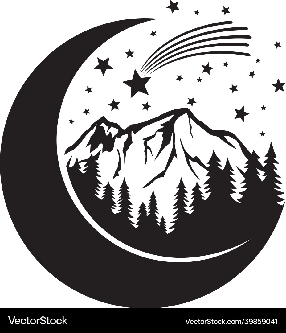 Moon stars mountain and forest Royalty Free Vector Image