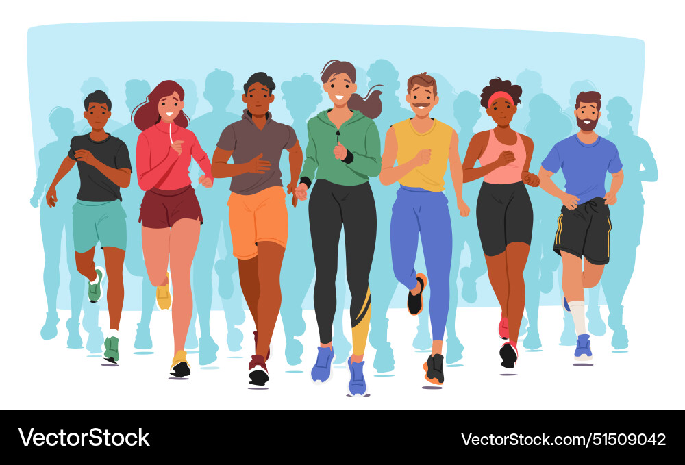 Diverse characters jogging happily front view Vector Image