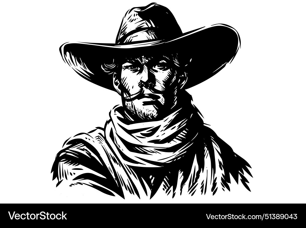 Cowboy bust or head on hat in engraving style Vector Image