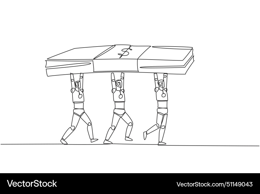 Single one line drawing group of robots working Vector Image