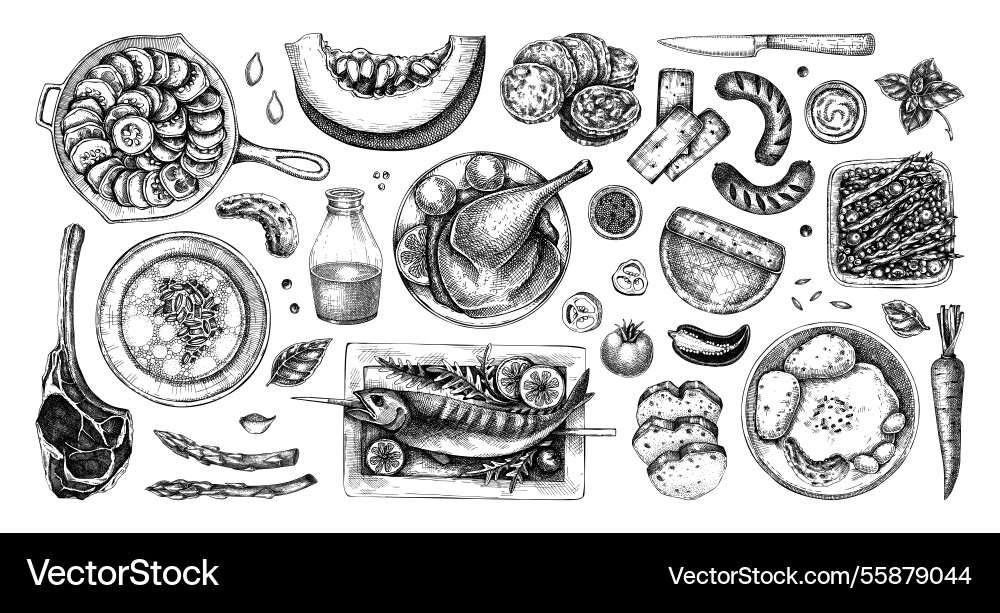Farm food hand drawn rustic kitchen engrav Vector Image