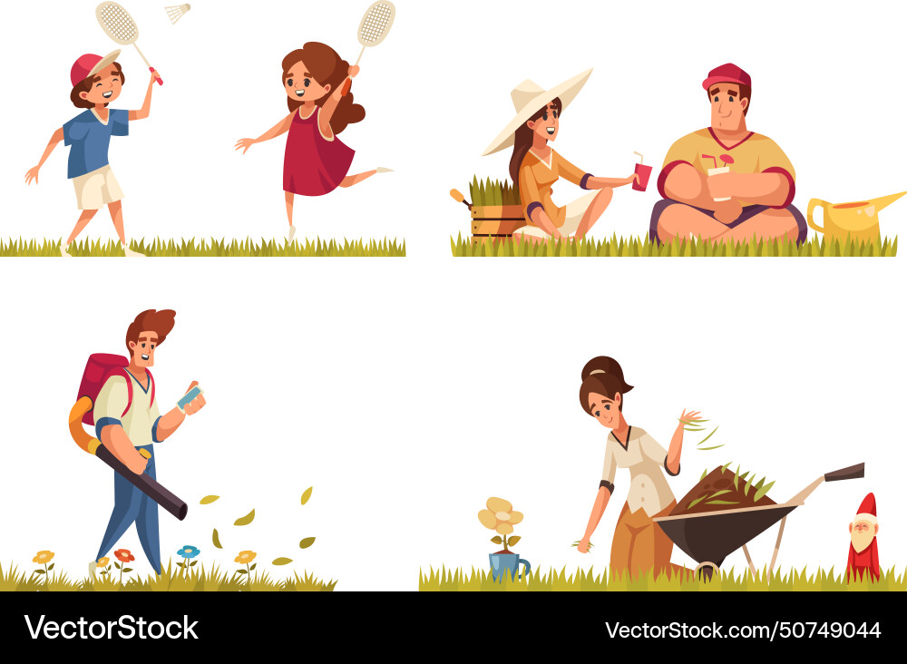 Lawn cartoon compositions set Royalty Free Vector Image