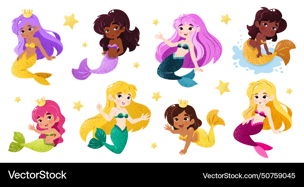 Bundle with isolated kawaii mermaids clip art Vector Image