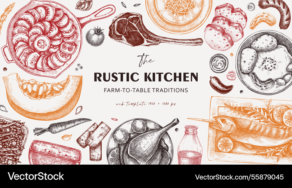 Engraved style food background farm hand Vector Image