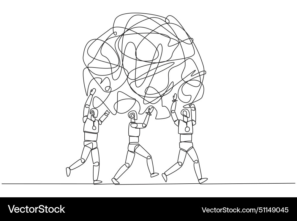 Single continuous line drawing group of robots Vector Image