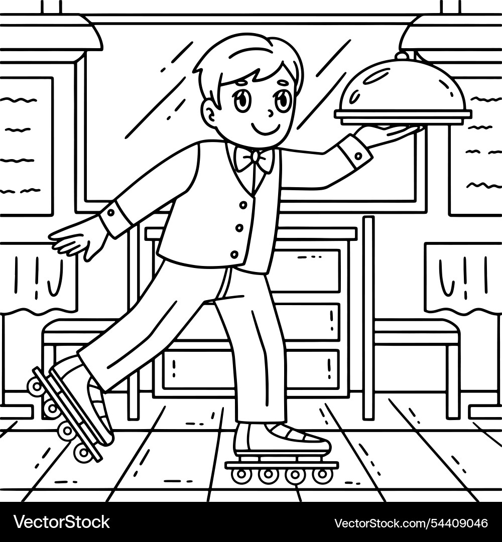 Inline skates waiter coloring page for kids Vector Image