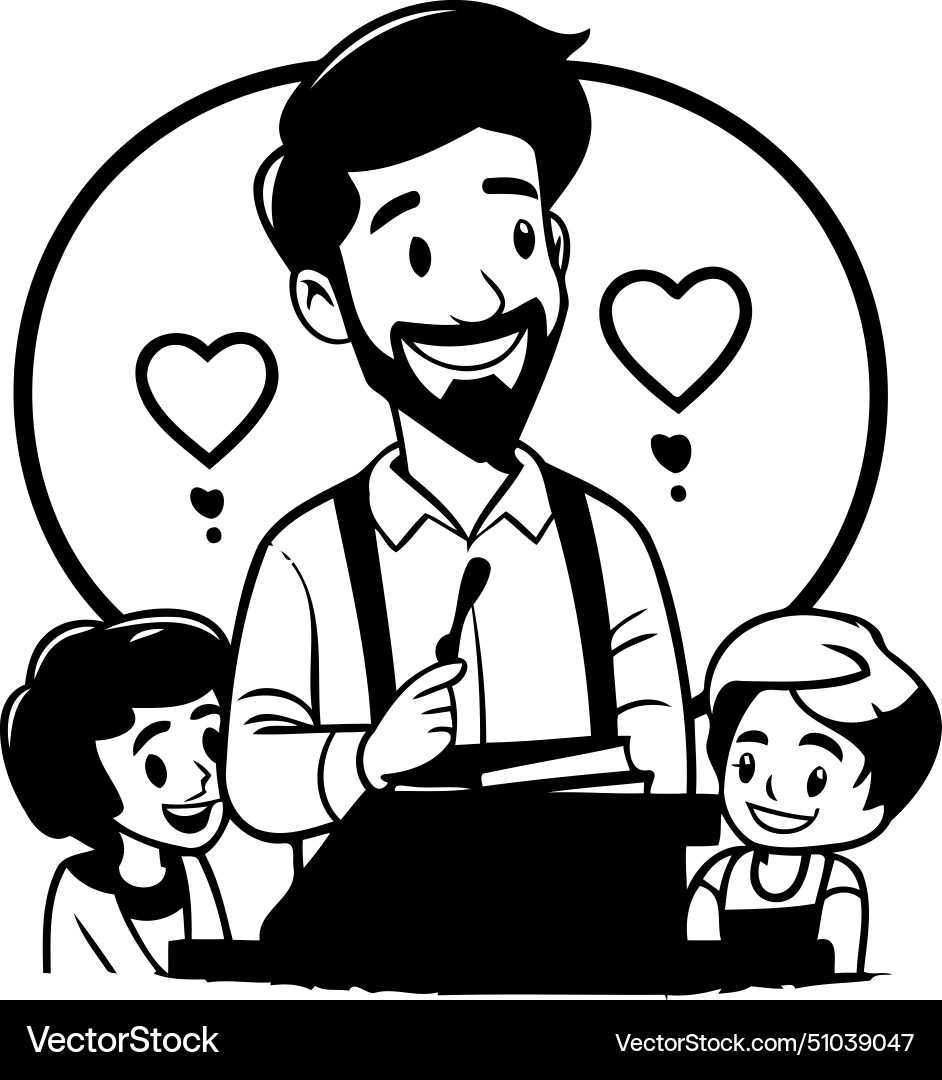 Father and children using typewriter in cartoon Vector Image