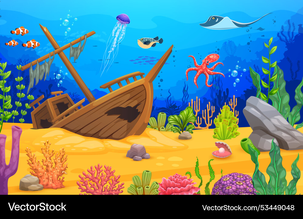 Cartoon underwater landscape game with sunken ship