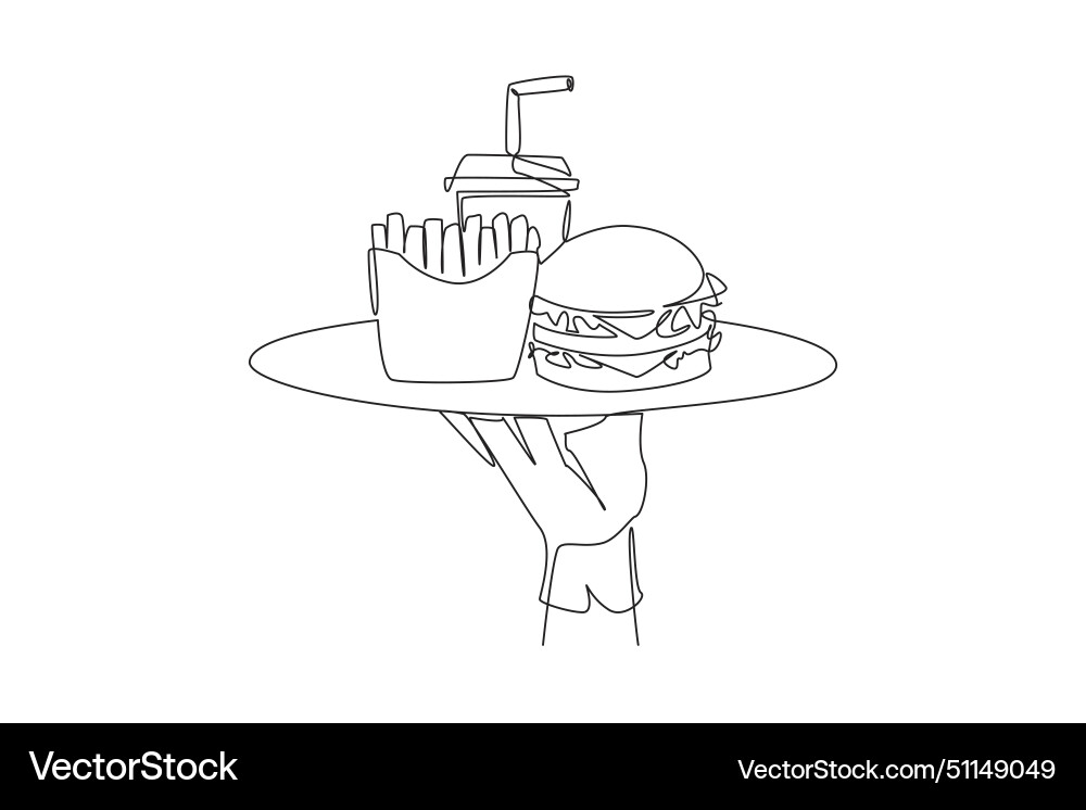 Continuous one line drawing waiter holds food Vector Image