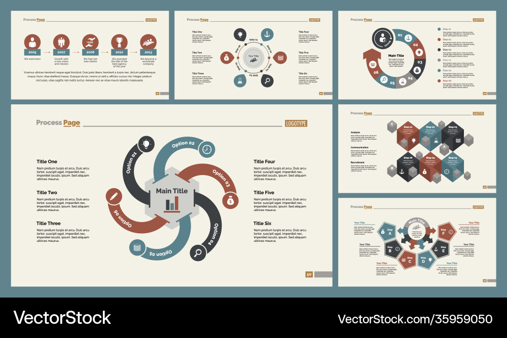Six production charts slide templates set Vector Image