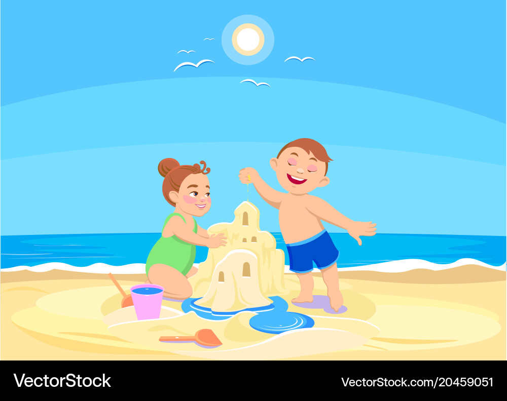 Cartoon children playing on the beach Royalty Free Vector
