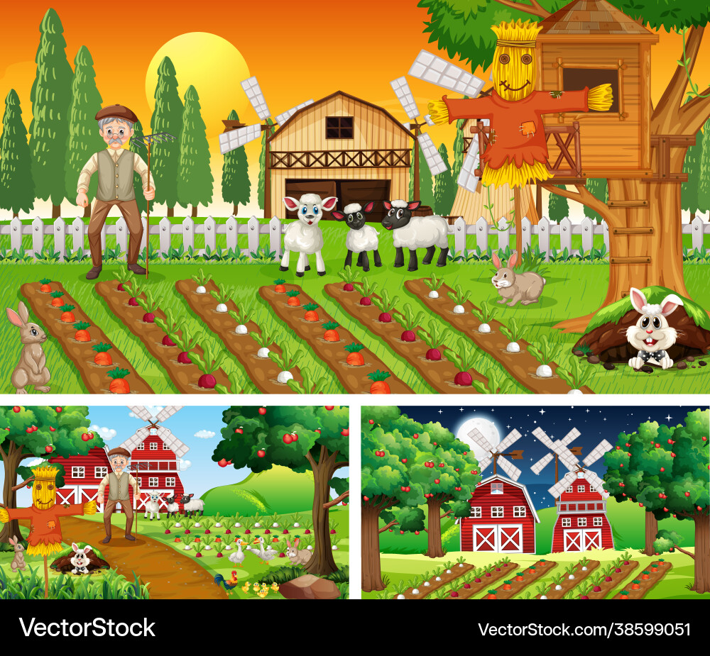 Different farm scenes with animals cartoon Vector Image