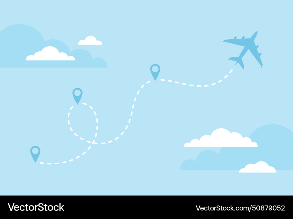 Flying airplane and dashed line flight route Vector Image