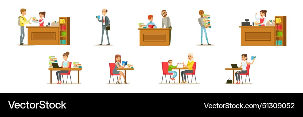 People character at library and bookstore Vector Image