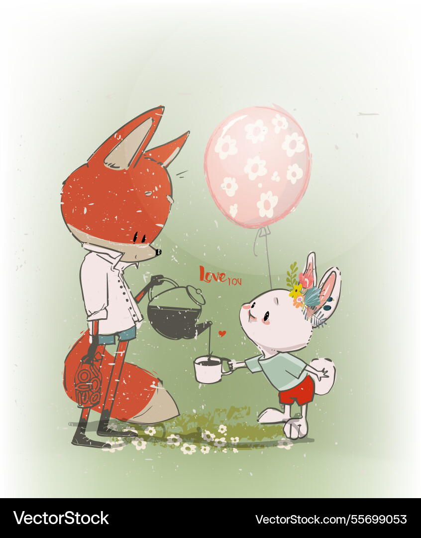 Cute fox with white hare drink a coffee Royalty Free Vector