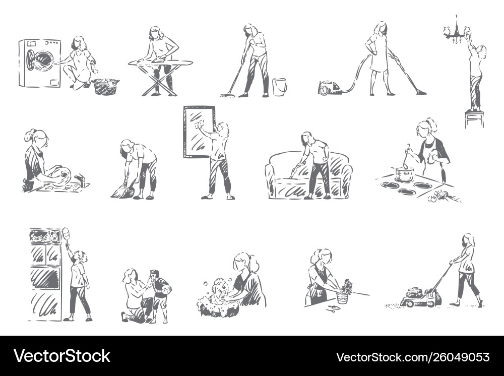 Housework Sketch: Cleaning Tasks Royalty Free Vector Image