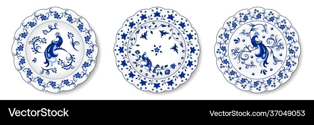 Set porcelain plates with traditional blue Vector Image