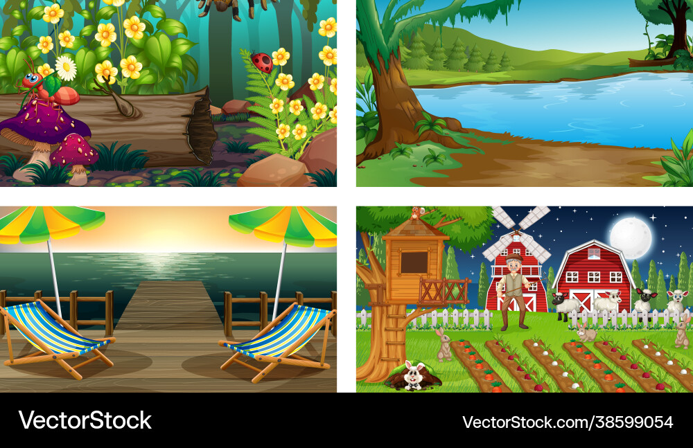 Four different scenes with various animals Vector Image