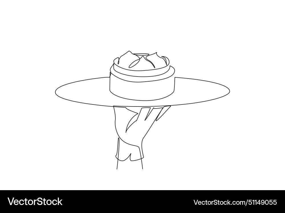 Single continuous line drawing the waiter holds Vector Image