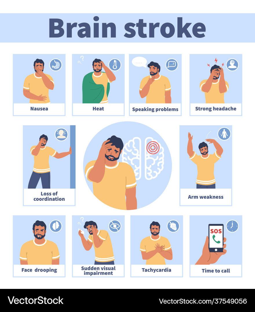 Brain stroke warning signs and symptoms Royalty Free Vector