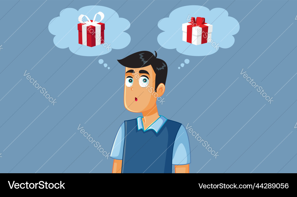 Confused man choosing the right present cartoon Vector Image