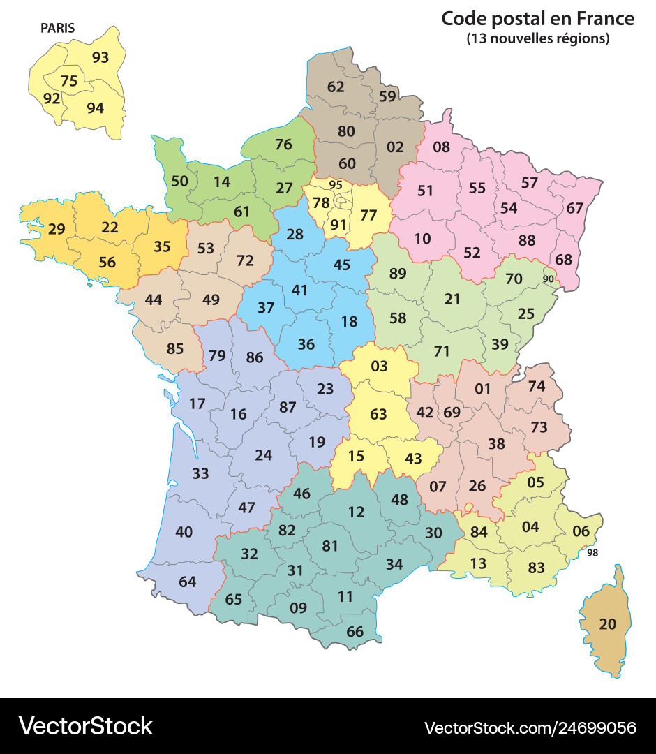 France 2-digit postcodes map 2017 Royalty Free Vector Image