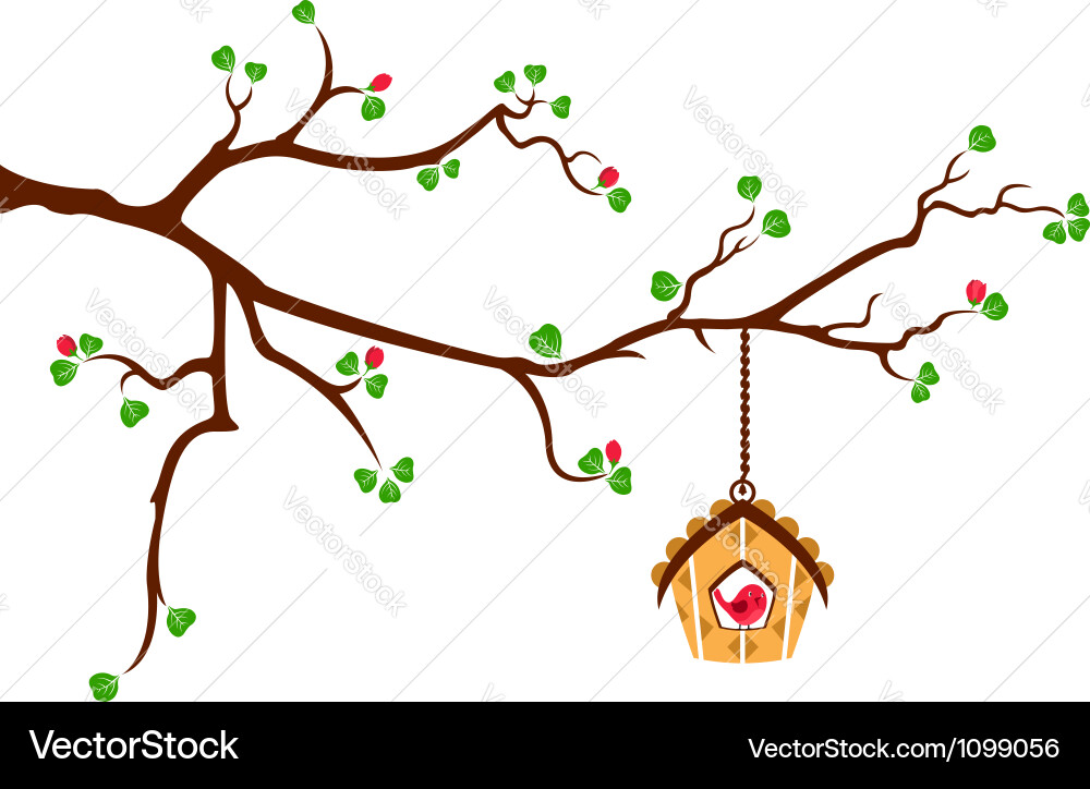 Tree branch with hut style bird house Royalty Free Vector