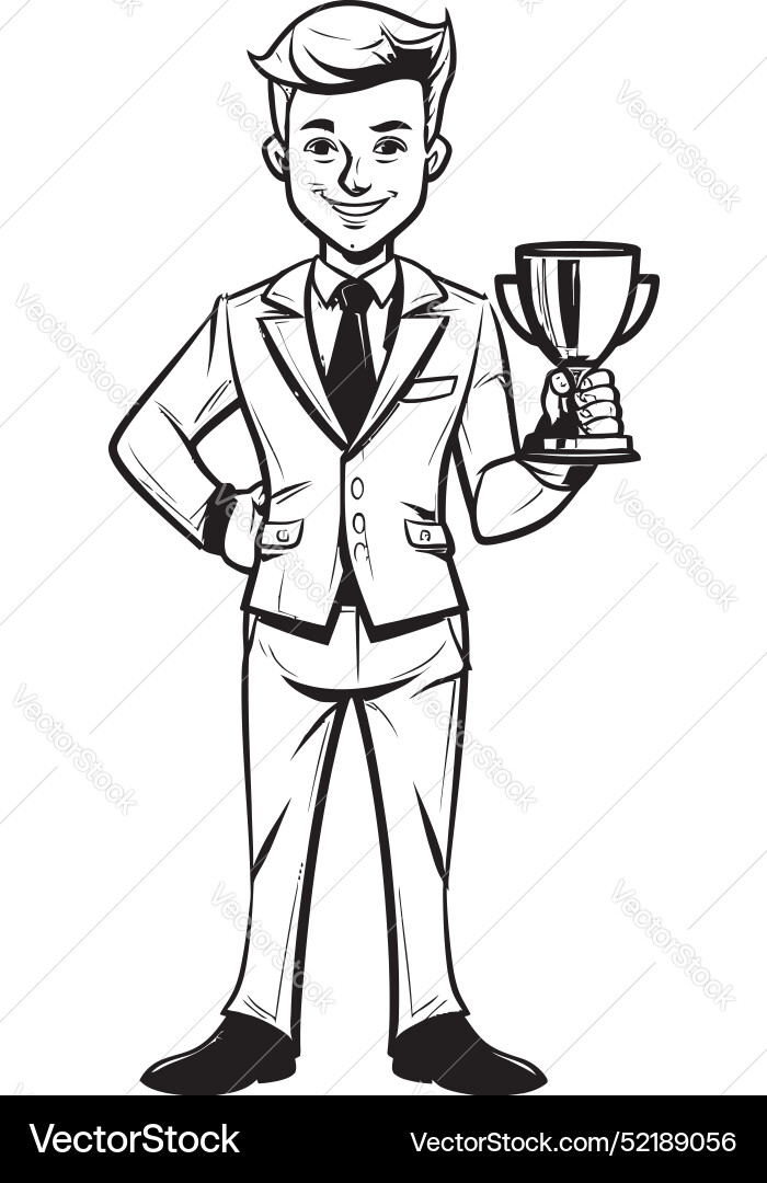 Triumphant success trophy holding businessman Vector Image