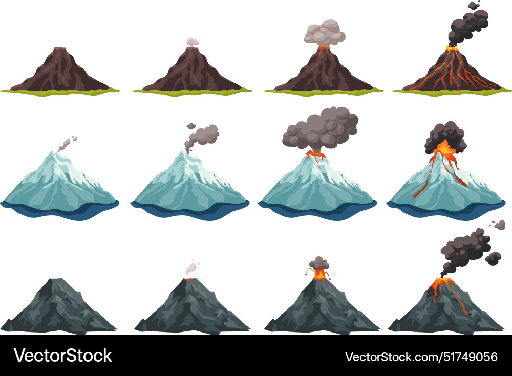Volcano eruption stages volcanic mountain erupt Vector Image
