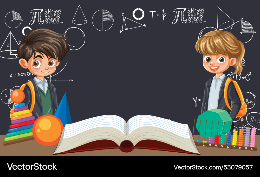 Two kids studying math with geometric shapes Vector Image