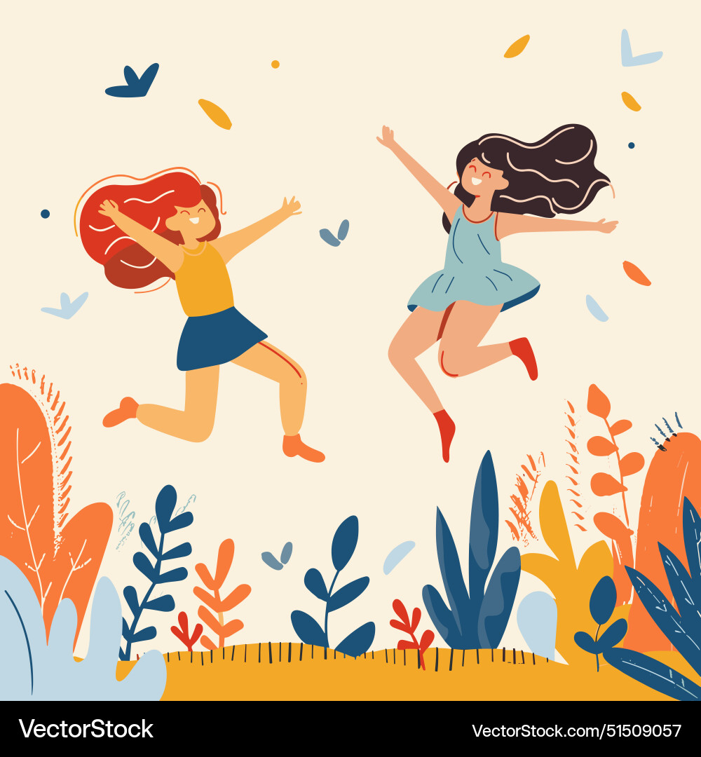 Two young girls joyfully leaping above ground Vector Image