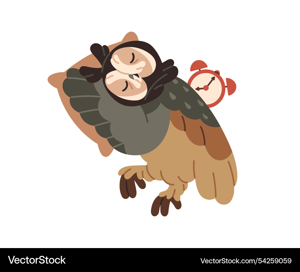 Cute asleep eagle owl lying on pillow tired night Vector Image