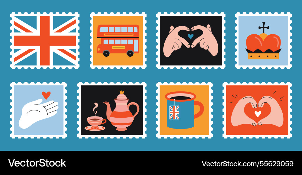 Set of cute hand-drawn post stamps with british Vector Image
