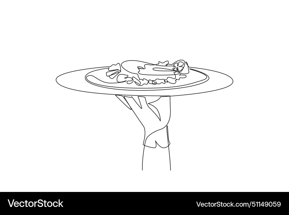 Single continuous line drawing waiter holds food Vector Image