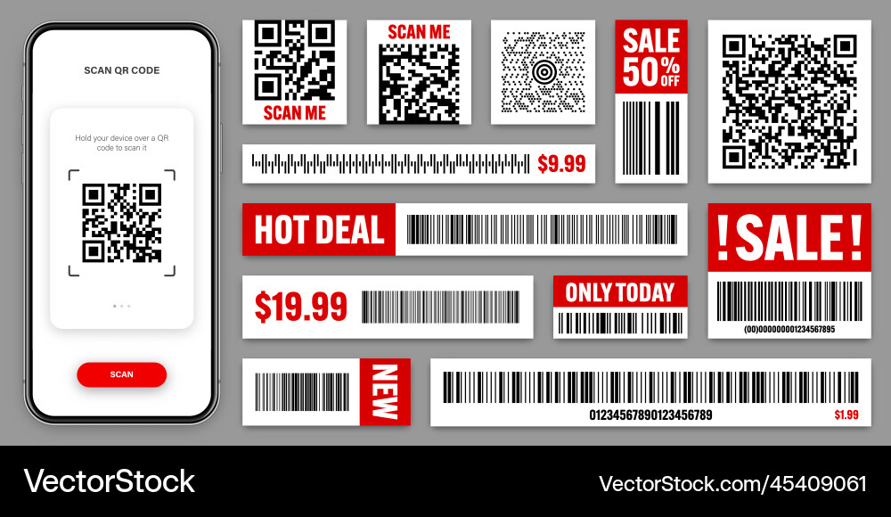 Product barcodes and qr codes smartphone Vector Image Product barcodes and qr codes smartphone Vector Image