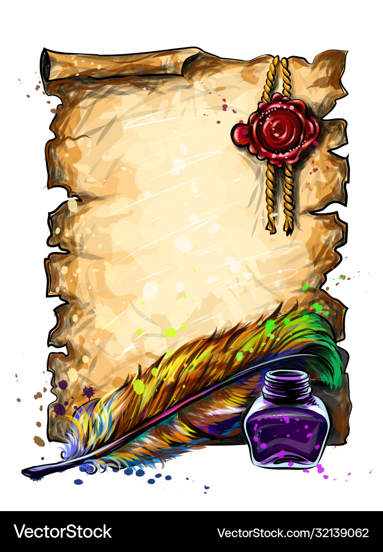 A parchment vintage scroll with pen and inkwell Vector Image